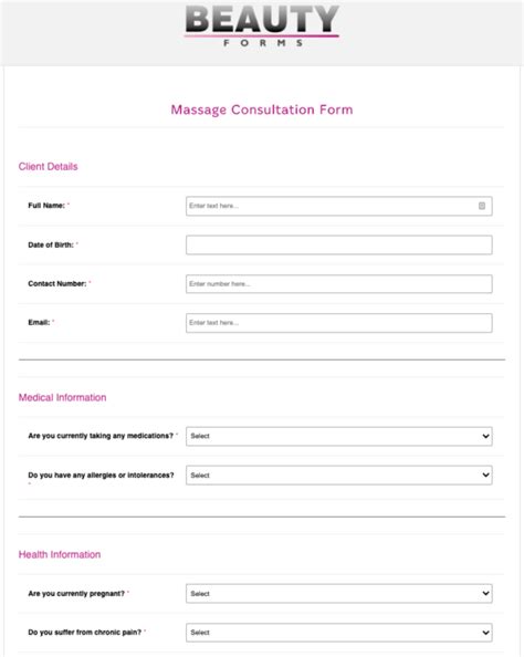 Massage Consultation Form Online Form Templates Pdfs