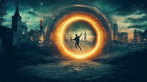 A Person Falls Through A Glowing Rift In Space Time With Layered City Versions Visible In The