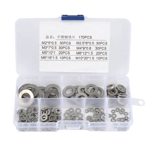 170PcsAssortiment de rondelles plates en acier inoxydable avec boîte M2