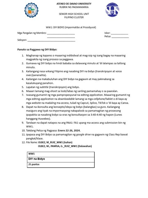 Panuto Sa Paggawa Ng Diy Bidyo Olbez Pdf