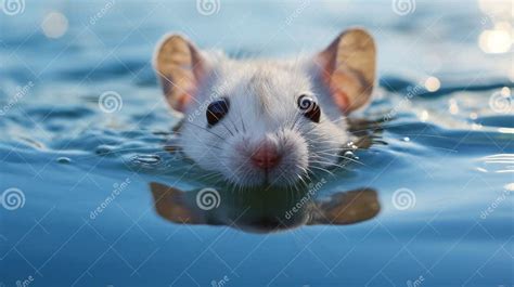 Shiny Eyes A White Mouse Swimming In Blue Water Stock Illustration