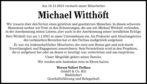Traueranzeigen Von Michael Witthöft Trauer Anzeigen De