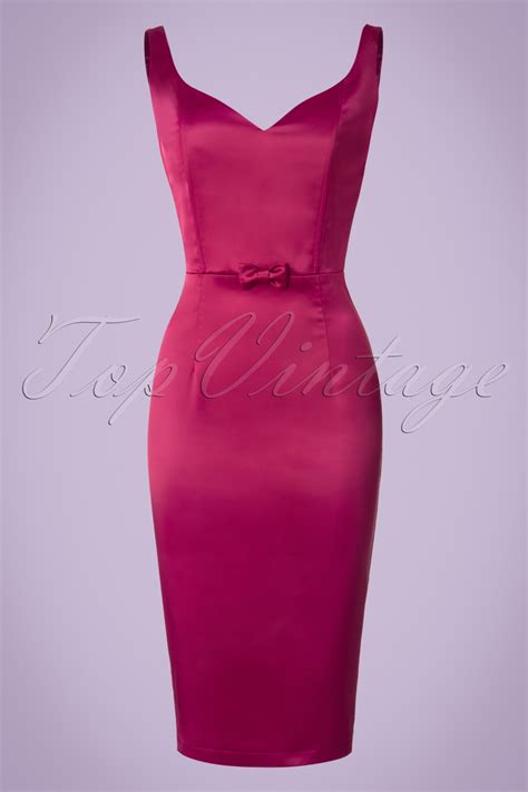 50s Primrose Satin Pencil Dress In Fuchsia