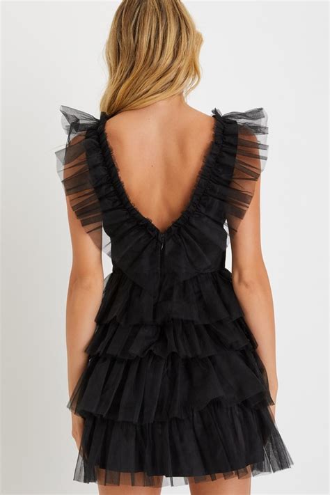 Black Tulle Dress Tiered Ruffled Dress V Neck Mini Dress Lulus