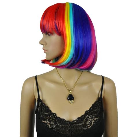Strongbeauty Cosplay Womens Wigs Bob Style Neat Bang Rainbow Short