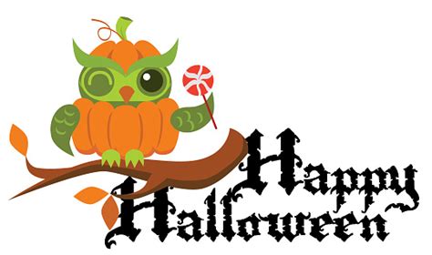 만화 로고 할로윈 오렌지 호박 올빼미 평면 포스터 벡터 일러스트 레이 션 귀여운 밤새 나무의 가지에 앉아 하 고 사탕을 들고