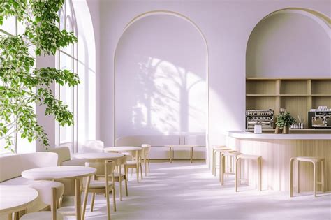 Minimalist Cafe Interior With White Walls Wood Arches And Arched