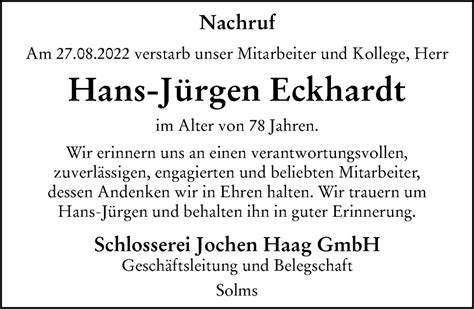 Traueranzeigen Von Hans Jürgen Eckhardt Vrm Trauerde