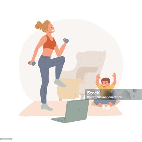 온라인 에어로빅 고립 만화 벡터 일러스트 레이 션입니다 어머니에 대한 스톡 벡터 아트 및 기타 이미지 어머니 아기 운동