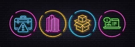 포장 상자 고층 빌딩 건물 및 경고 서류 가방 최소 라인 아이콘 웹 응용 프로그램의 경우 벡터 인쇄 네온에 대한 스톡 벡터 아트 및 기타 이미지 Istock