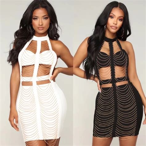 New Sexy Women Summer Sleeveless Mini Chain Embellished Bodycon Hollow