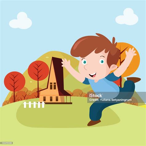 행복 하 고 밝고 재미 있는 어린 소년 보이는 작은 집 만화 캐릭터 근처 광대 한 마당에 실행 하는 가을에 대한 스톡 벡터 아트 및 기타 이미지 Istock
