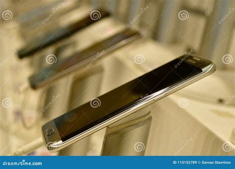 Close Up Of Android Phones On Display In A Mobile Phone Shop Stock