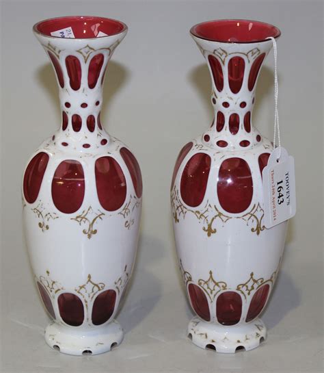 A Pair Of Bohemian White Flash Overlay Cranberry Glass Vases Late 19th