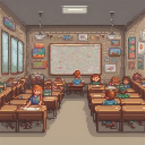 Pixel Art Depicting A Vibrant Classroom Scene With Students Engaged In