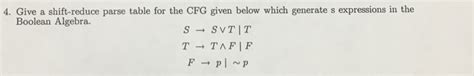 Solved 4 Give A Shift Reduce Parse Table For The Cfg Given