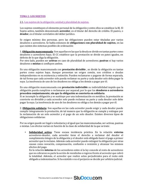 TEMA Obligaciones Apuntes TEMA LOS SUJETOS Los sujetos de la obligación unidad y