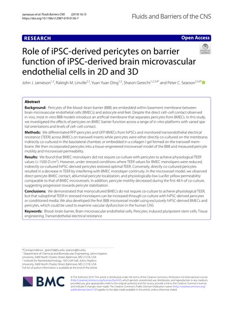 Pdf Role Of Ipsc Derived Pericytes On Barrier Function Of Ipsc Derived Brain Microvascular