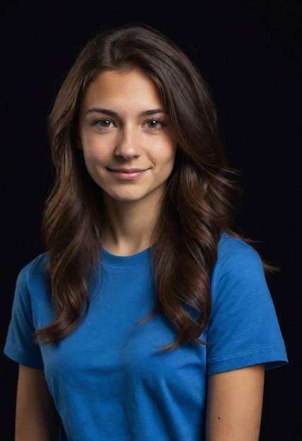Premium Photo A Woman With Long Brown Hair Wearing A Blue Shirt