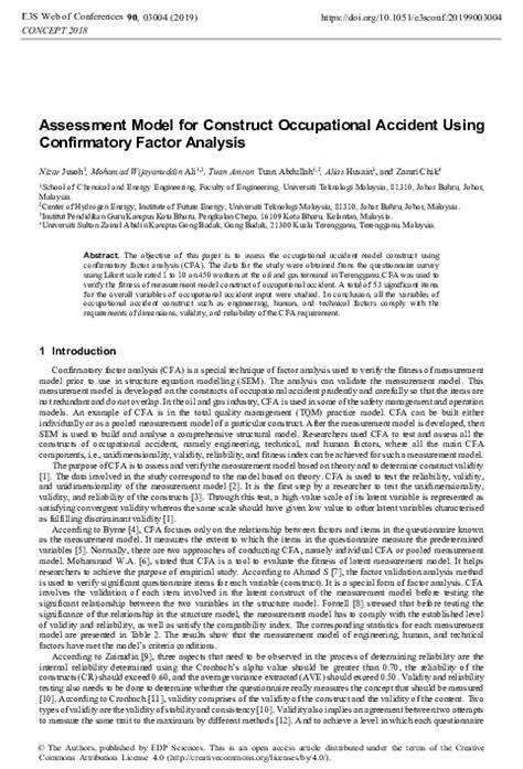 Pdf Assessment Model For Construct Occupational Accident Using Confirmatory Factor Analysis