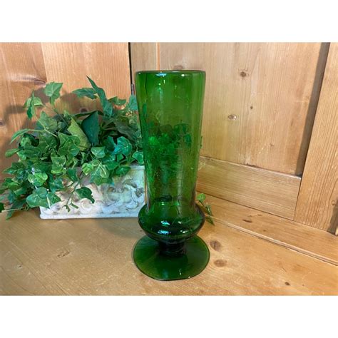 Vintage Tall Emerald Green Crackle Glass Flower Vase Green Etsy
