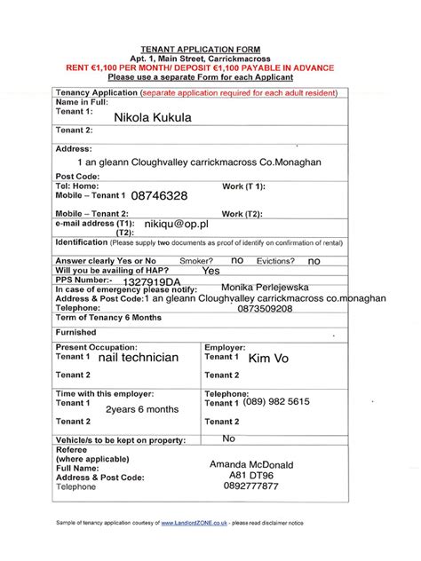Tenant Application Form Apt 1 Carrickmacross1 Pdf