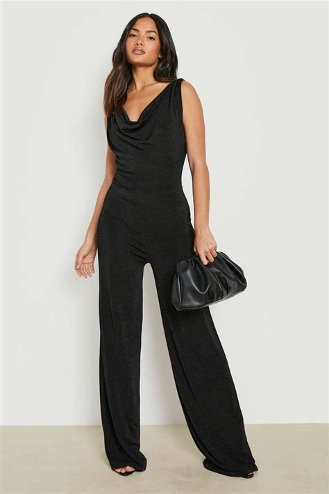 Womens Textured Slinky Cowl Neck Wide Leg Jumpsuit Boohoo Uk