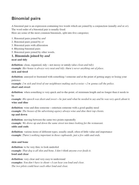 Binomial Pairs 1 Binomials Joined By And Pdf Business