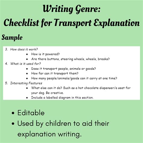 Mash 3rd 4th Class Writing Genre Checklist Mode Of Transport