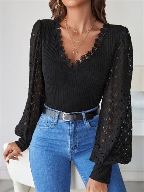 SHEIN Frenchy Tops Guarnição de renda de guipura Manga da lanterna