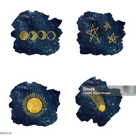 별이 빛나는 하늘을 배경으로 천체의 황금 상징 수채화 삽화 하늘의 달 혜성 태양 및 별의 위상을 나타내는 상징은 흰색 배경에 고립되어 있습니다 0명에 대한 스톡 벡터 아트