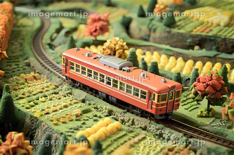 田園地帯を走る電車の風景ジオラマ風AI生成画像のイラスト素材 250523445 イメージマート