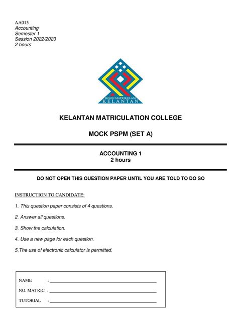 Set A Mock Pspm Kmkt Set A Aa Accounting Semester 1 Session 2022 2