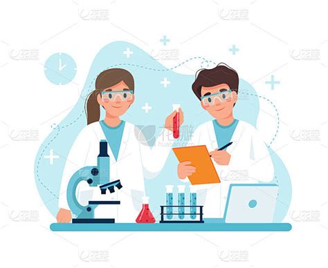 工作中的科学家，在实验室里做实验的角色。矢量插图在平面风格