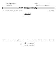 AP Calc BC Midterm Pdf AP Calc BC Midterm Semester 1 Name Date Version 1 Unit 1 Limits And
