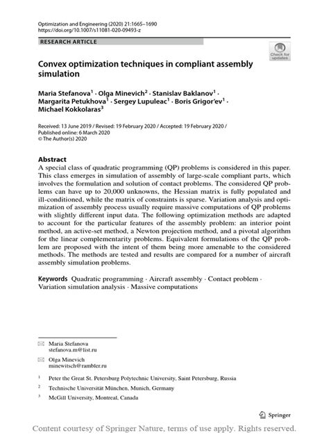Convex Optimization Techniques In Compliant Assemb Pdf Mathematical