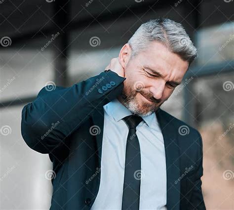 Injury Mature And A Businessman With Neck Pain In The City From Work
