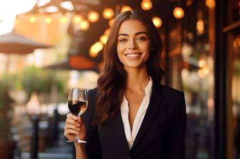 Premium Photo A Woman Holding A Glass Of Wine In Front Of A Restaurant