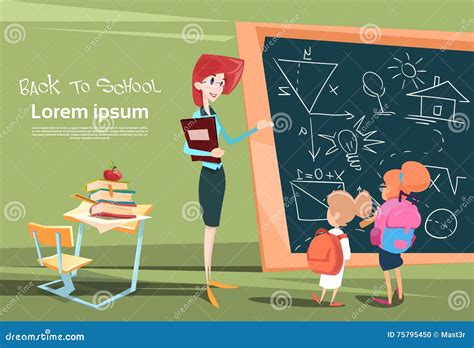 Teacher With Pupils Over Class Board School Lesson Stock Vector