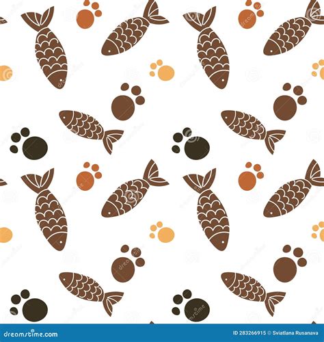 Pattern Of Brown Fish And Colored Cat Paws Seamless Pattern Background