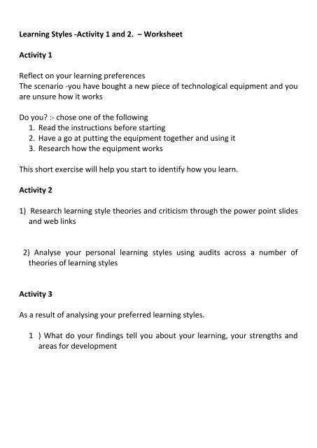 Learning Styles Worksheet PDF Learning Styles Test Assessment Worksheets Library