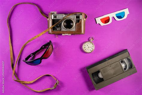 Silver Vintage Pocket Watch And 3d Glasses With Blue Red Stereoscopic
