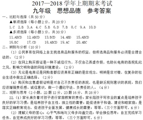 2017—2018学年上期期末考试九年级思想品德参考答案 郑州基础教研综合工作平台