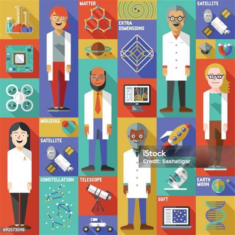 과학자와 과학 아이콘 세트 평면 디자인 긴 그림자 벡터 일러스트 레이 션 교수에 대한 스톡 벡터 아트 및 기타 이미지 교수 아이콘 세트 3차원 형태 Istock