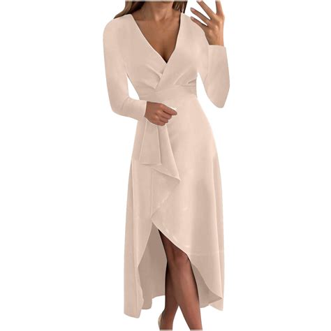 Ruffle High Low Dresses For Women Formal Party Dress Long Sleeve Wrap V