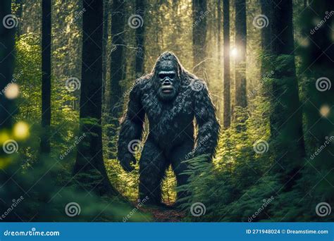 Frightening Mysterious Bigfoot Hides In Dense Forest Thickets Stock