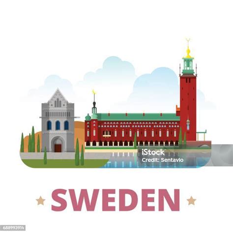 스웨덴 국가 자석 디자인 서식 파일 플랫 만화 스타일 역사적인 광경 Showplace 웹 사이트 벡터 일러스트 세계 휴가 여행