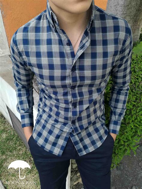 Camisas Slim Fit De Cuadros Marino Y Franjas Grises Para Caballero Moon Rain Menssuits