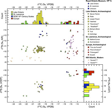 Bivariate plots of δ 13 C vs δ 15 N top and δ 13 C vs δ 34 S