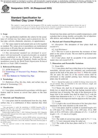Astm C479 04 2022 Standard Specification For Vitrified Clay Liner Plates
